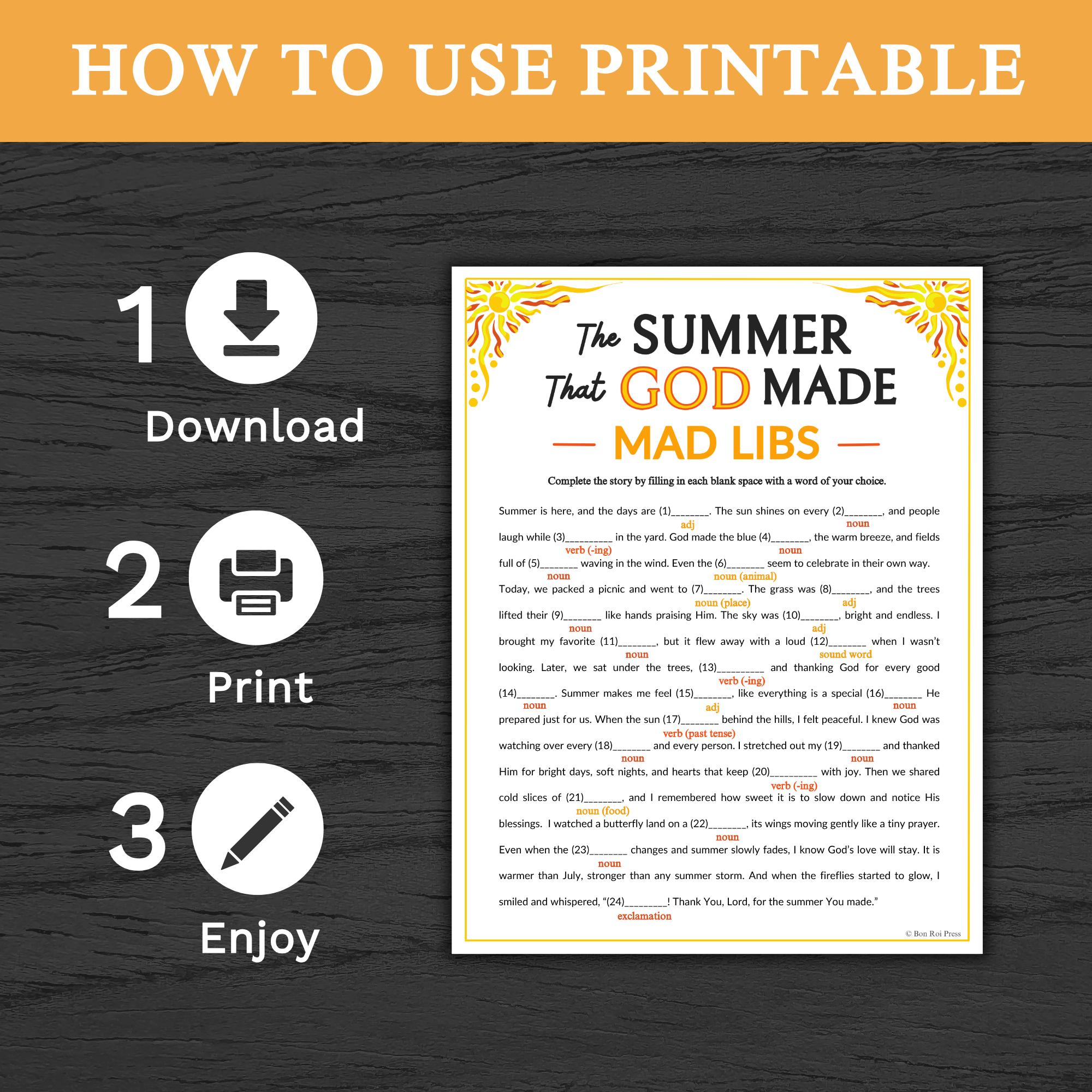 The Summer That God Made Mad Libs | Printable for Church Kids Teens ...