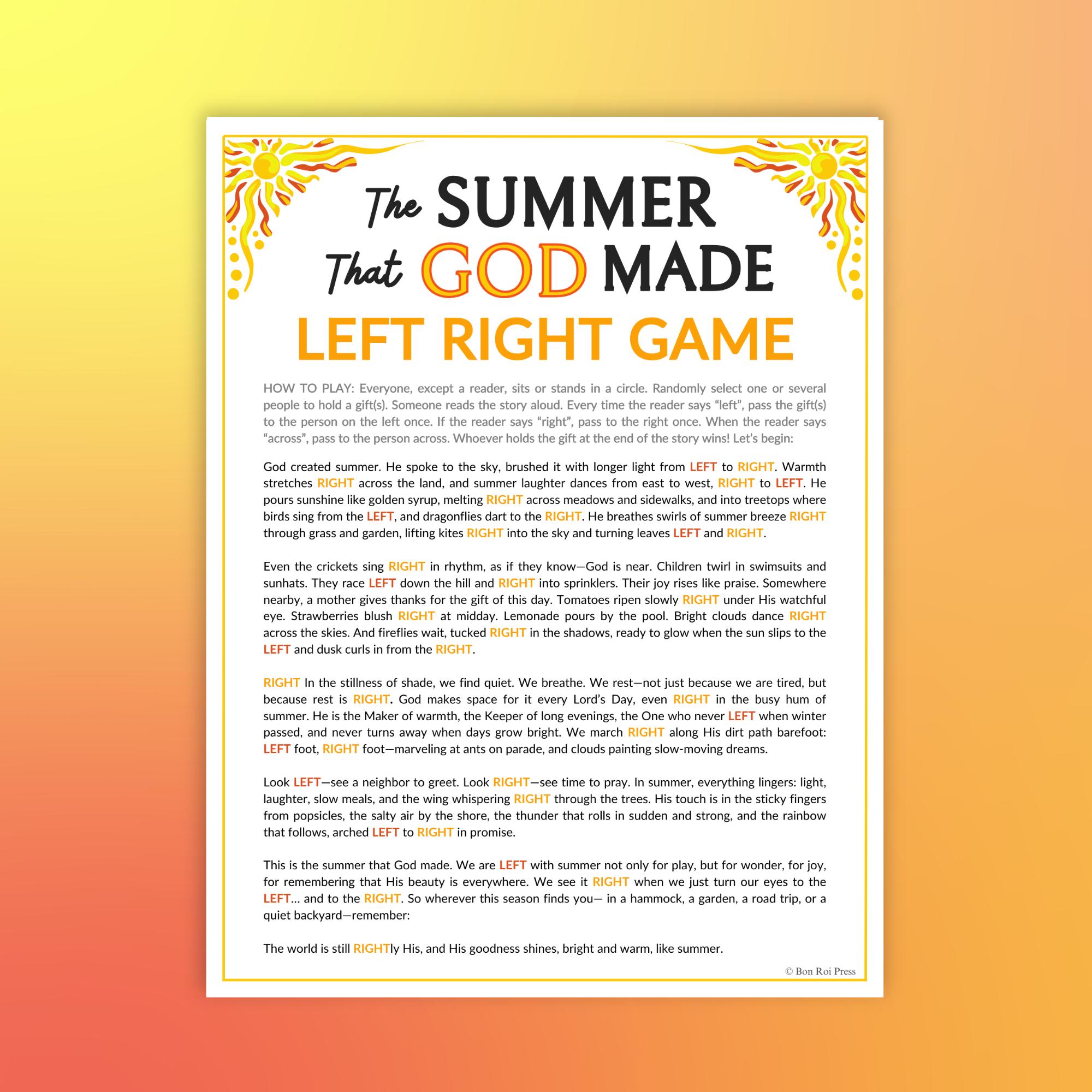 The Summer That God Made Left Right Game | Printable for Church Kids ...