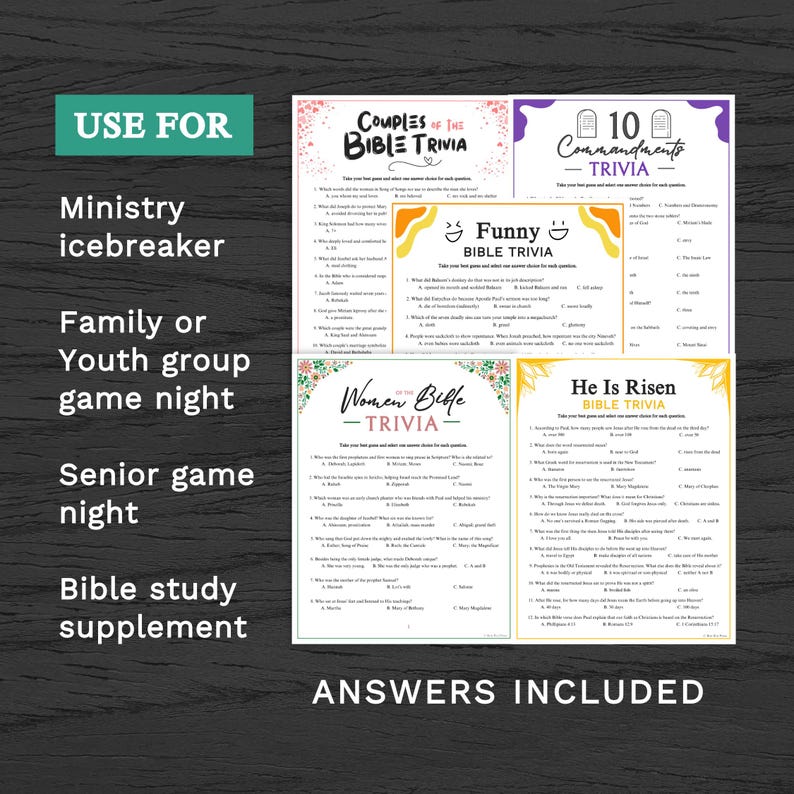 Bible Trivia Games Bundle | 5 Printables for Church Youth Group, Adults ...
