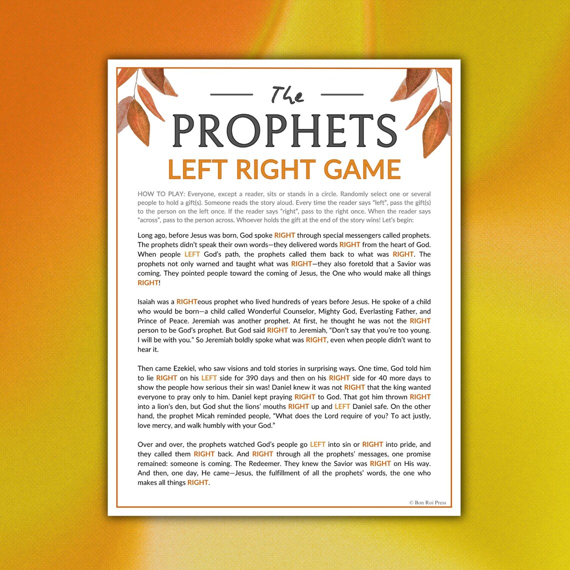 Prophets Left Right Game | Story Printable for Church Kids Adults ...