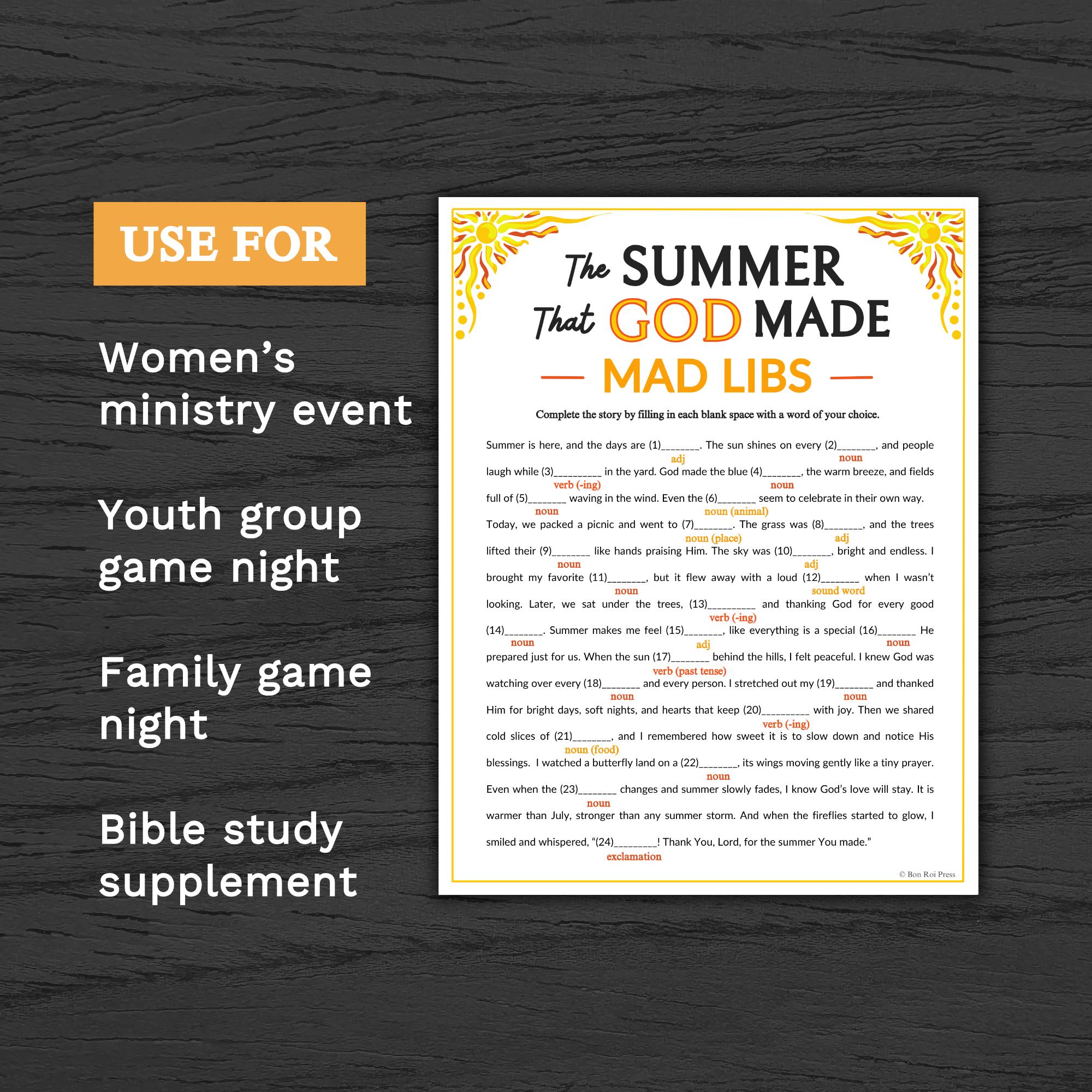 The Summer That God Made Mad Libs | Printable for Church Kids Teens ...