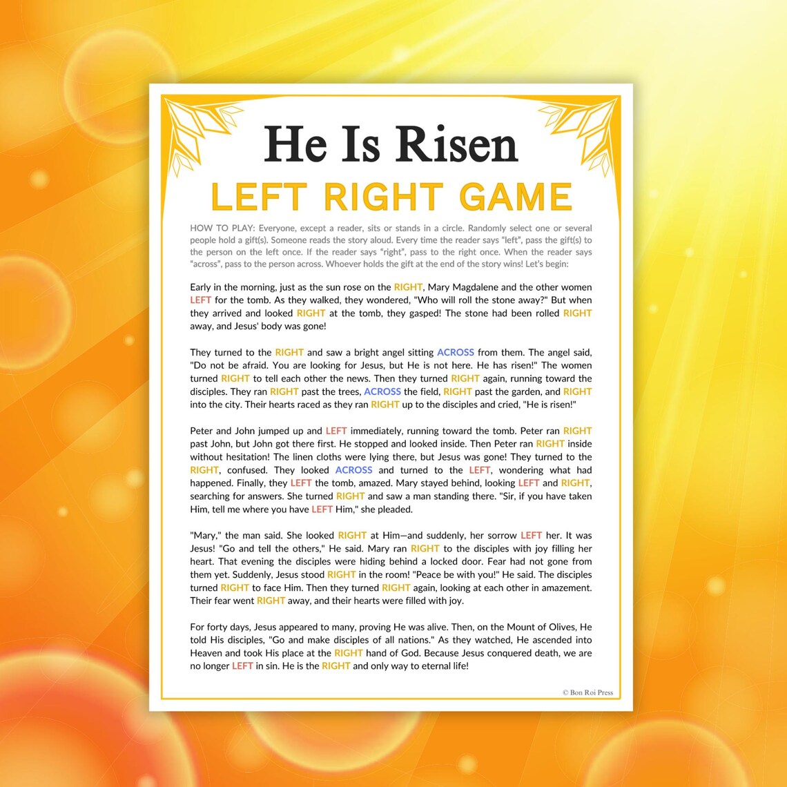 He is Risen Left Right Game | Resurrection Christian Story Printable ...