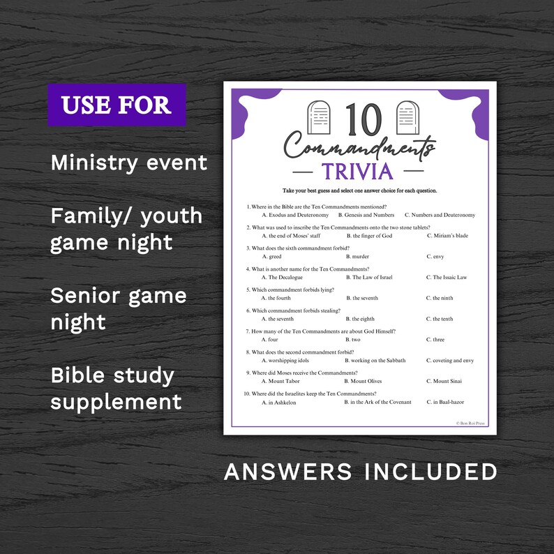 Ten Commandments Trivia Game | Printable for Church Youth Group, Adults ...
