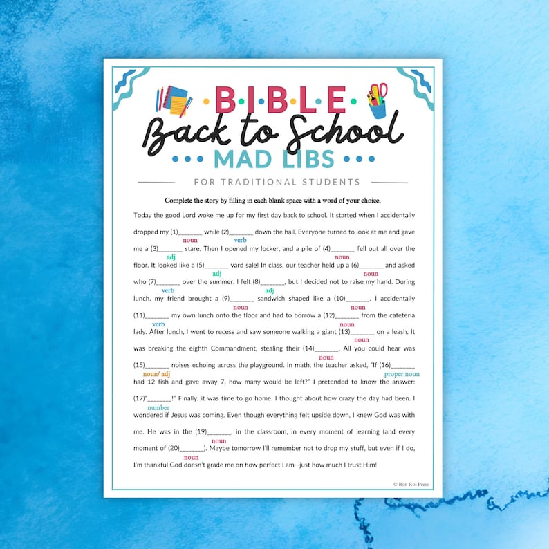 Bible Back to School Mad Libs Game for Traditional Student | Printable ...
