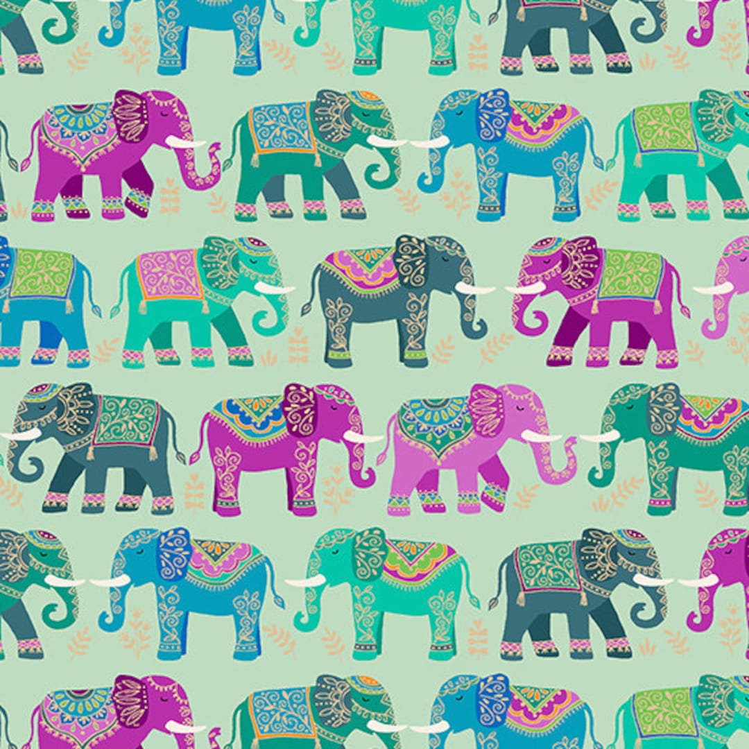 Jaipur by Makower, Color Teal, Pattern Elephants, 100% Cotton Quilting ...