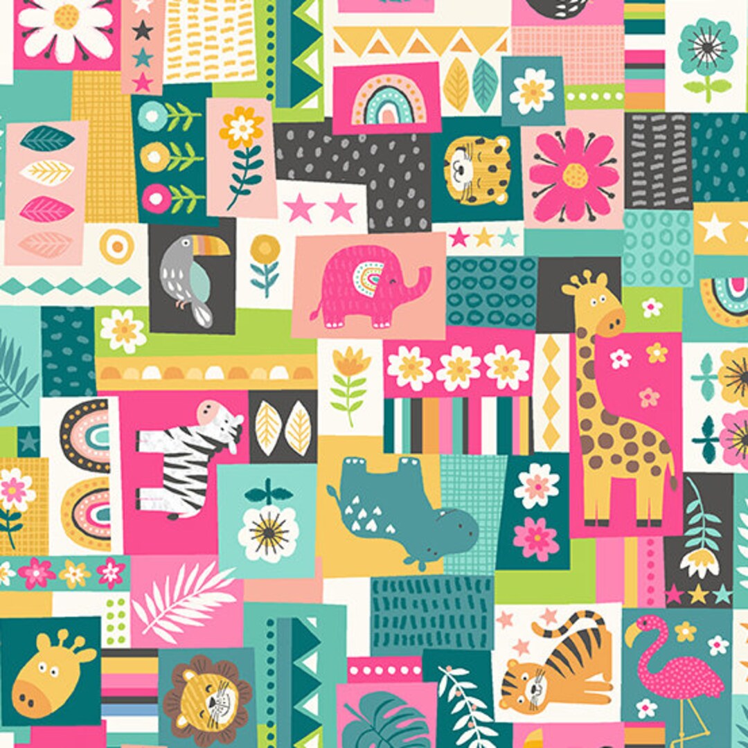 In the Jungle by Makower, Color - Pink, Pattern - Montage, 100% Cotton ...