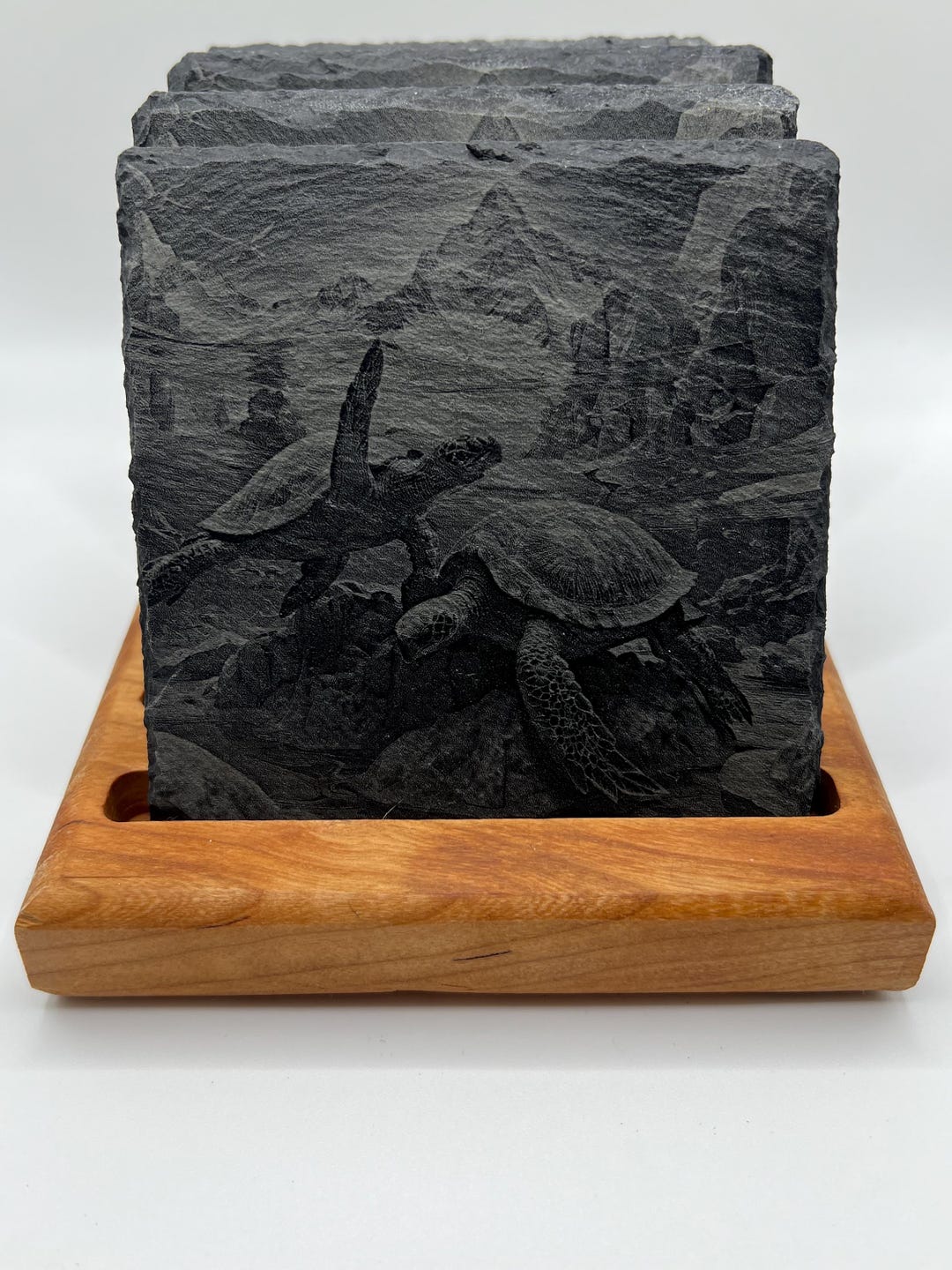 Set of 4, Square, Sea Turtles Laser Engraved Slate Coasters With Cherry ...