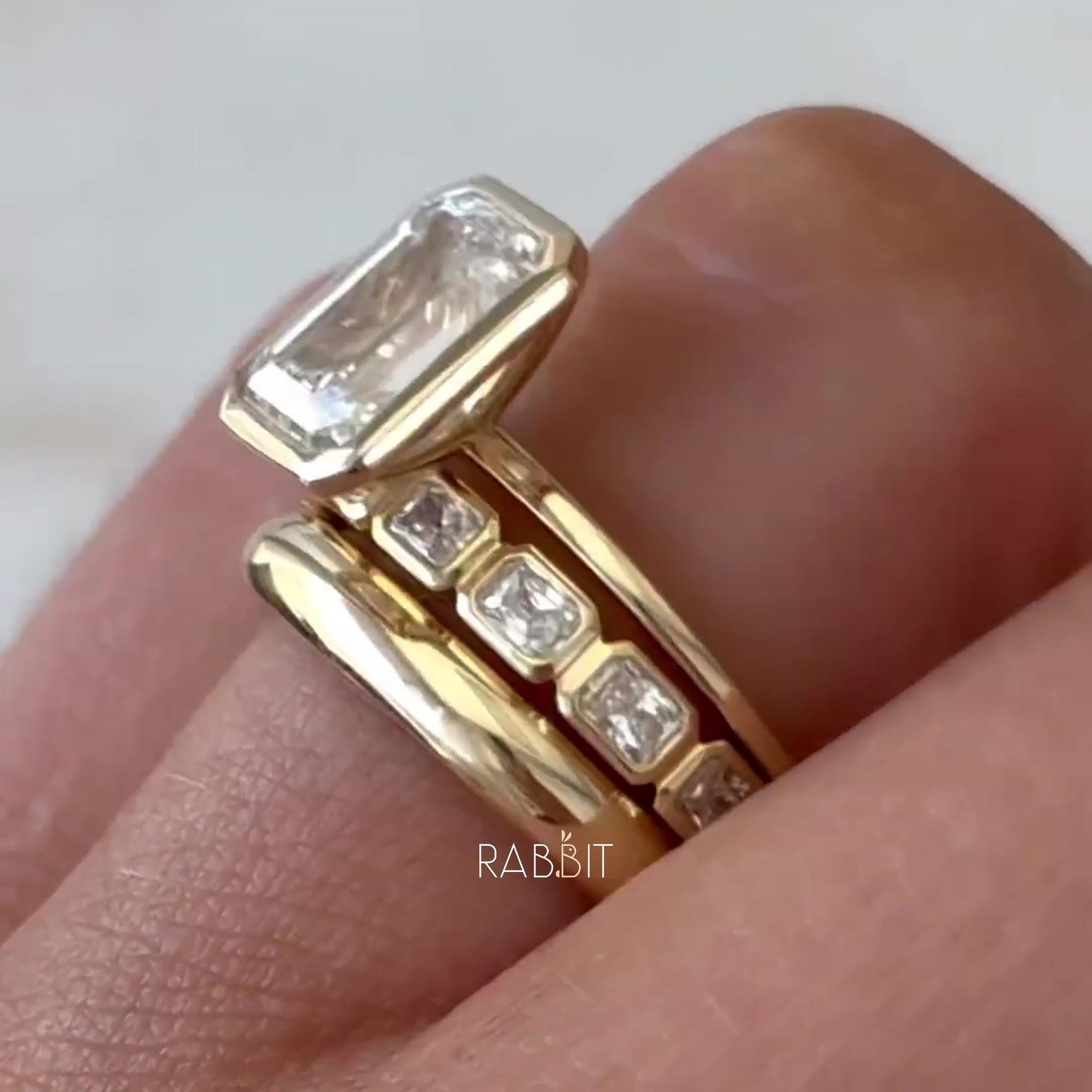 Bezel Emerald Cut Engagement Rings Moissanite Wedding Ring Set Emerald ...