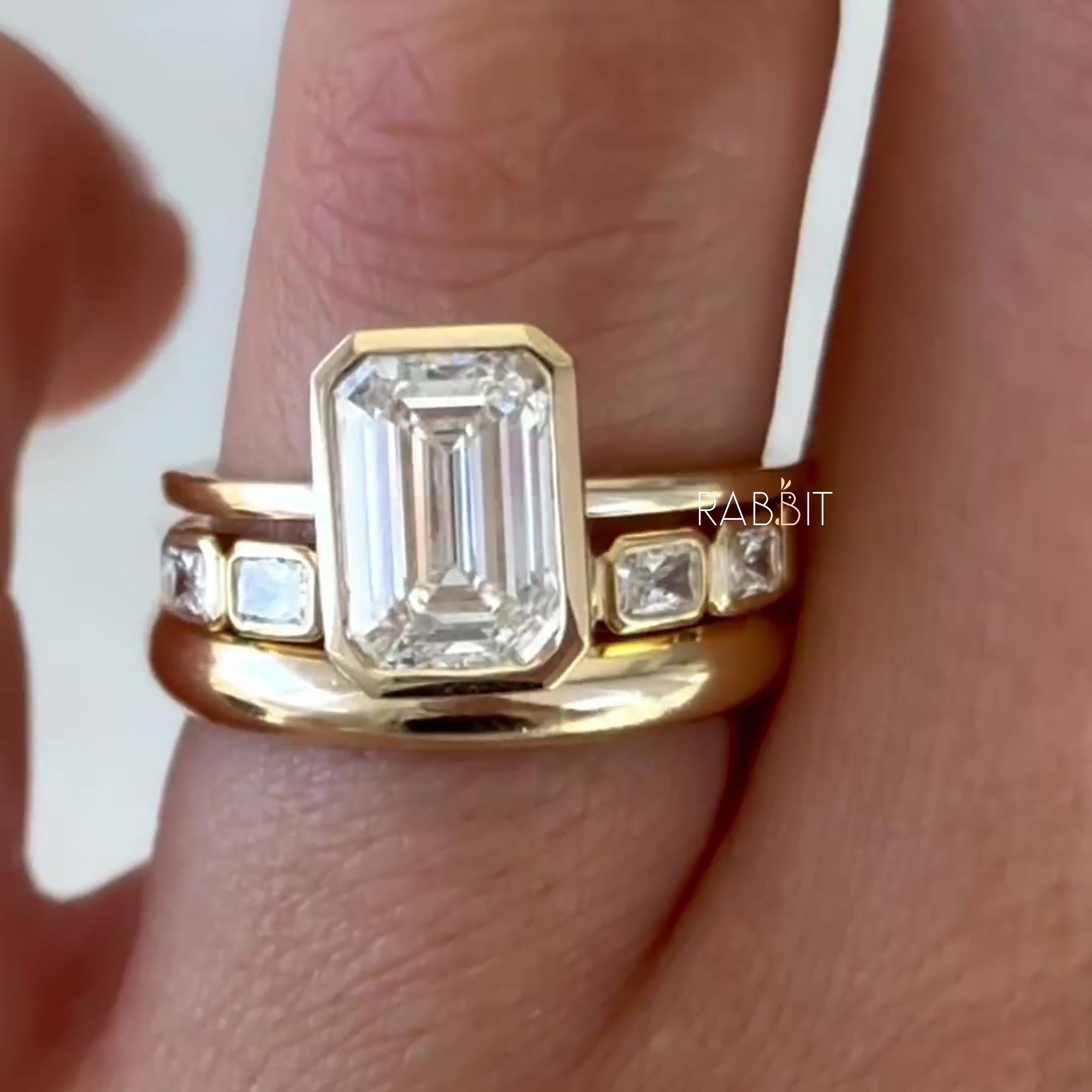 Bezel Emerald Cut Engagement Rings Moissanite Wedding Ring Set Emerald ...