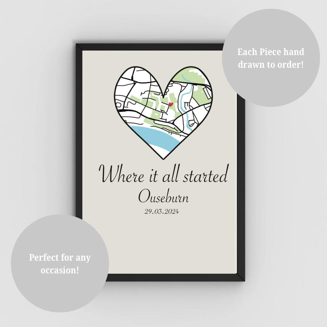 Personalised Hand Drawn Heart Map First Date Map Couple Print ...