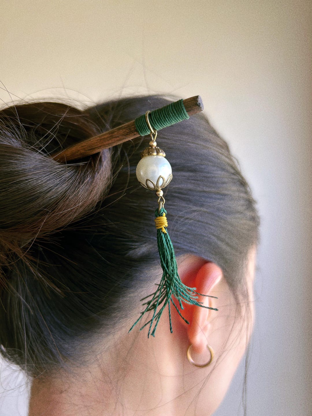 Jasper Green Oak Japanese Kanzashi Hair Stick With Pearl Beads Dangles ...