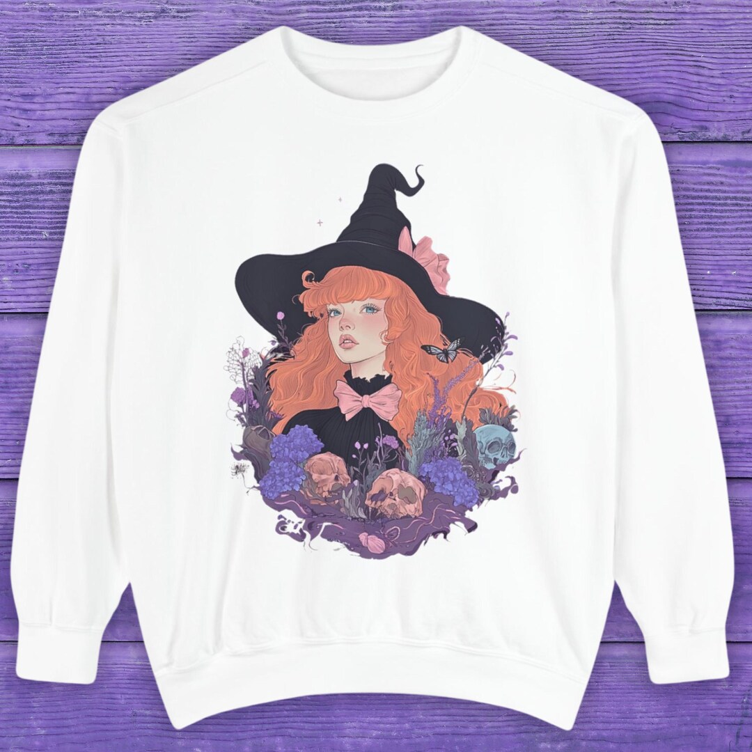 Whimsigoth Pastel Witch Halloween Sweatshirt, White, Pink, Purple and ...