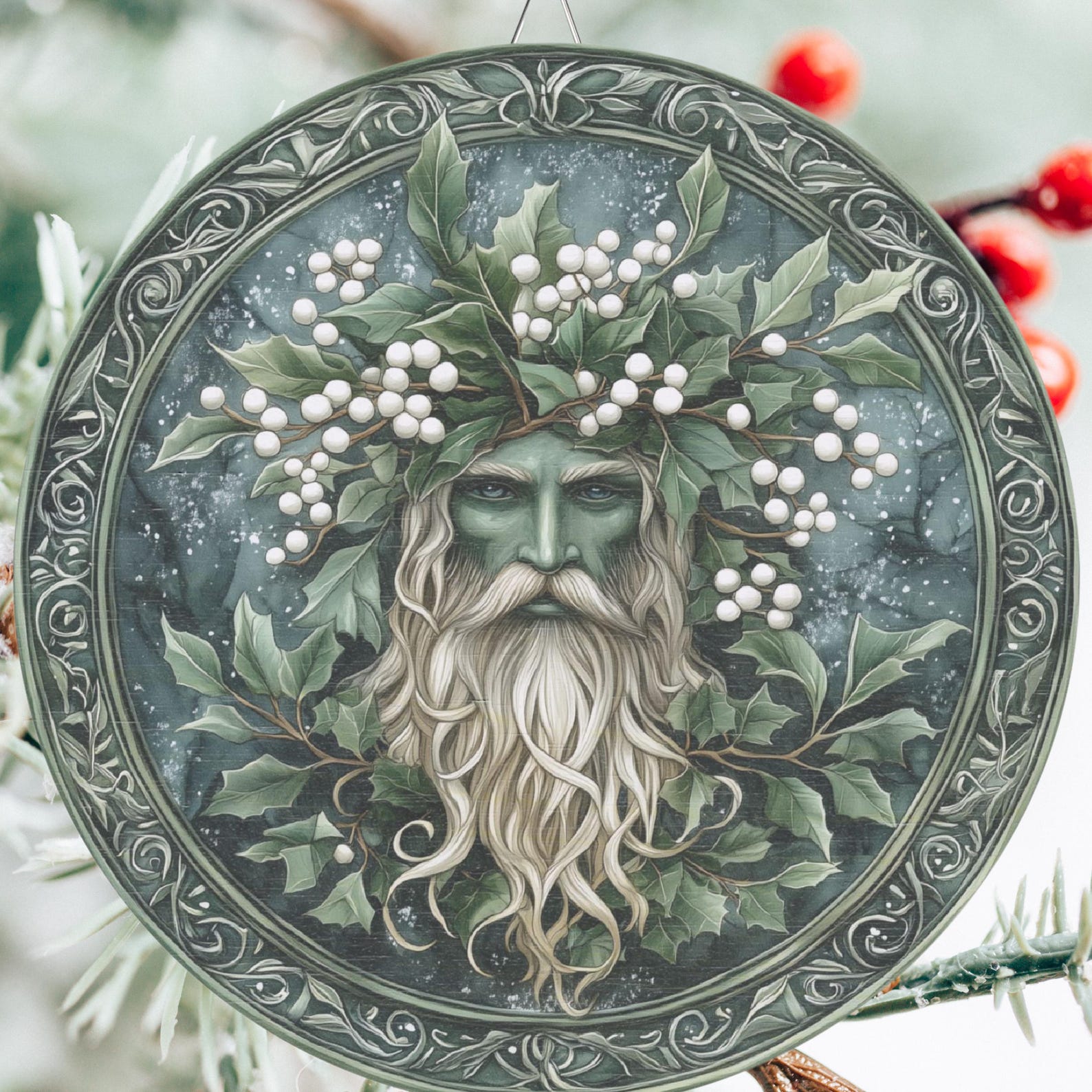 Wood Plaque, Pagan Yule Decoration, Mistletoe Greenman Figure, Pagan ...