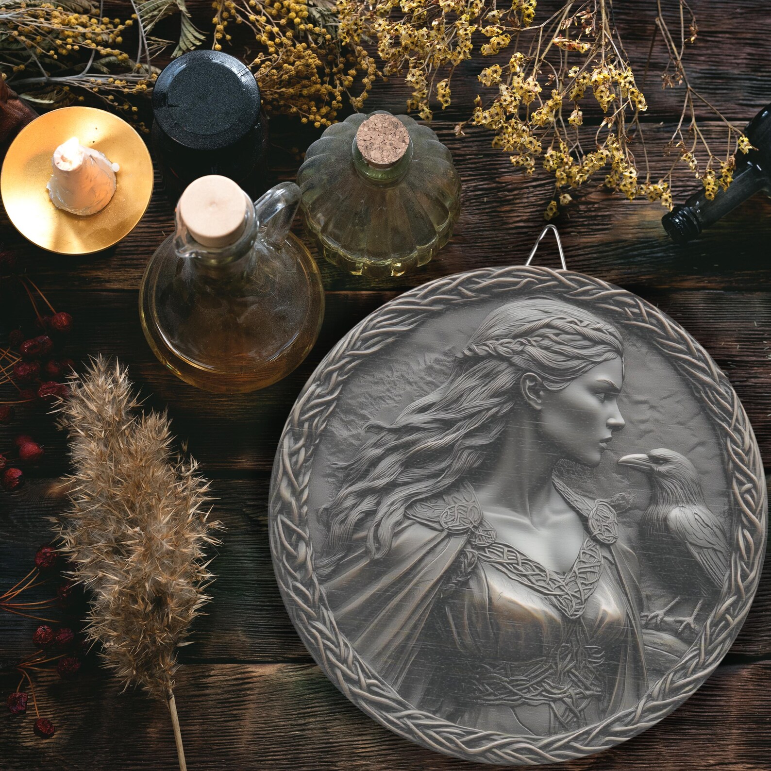 The Morrigan Wall Plaque, *flat 2D*, Celtic Goddess Wooden Decor, Raven ...