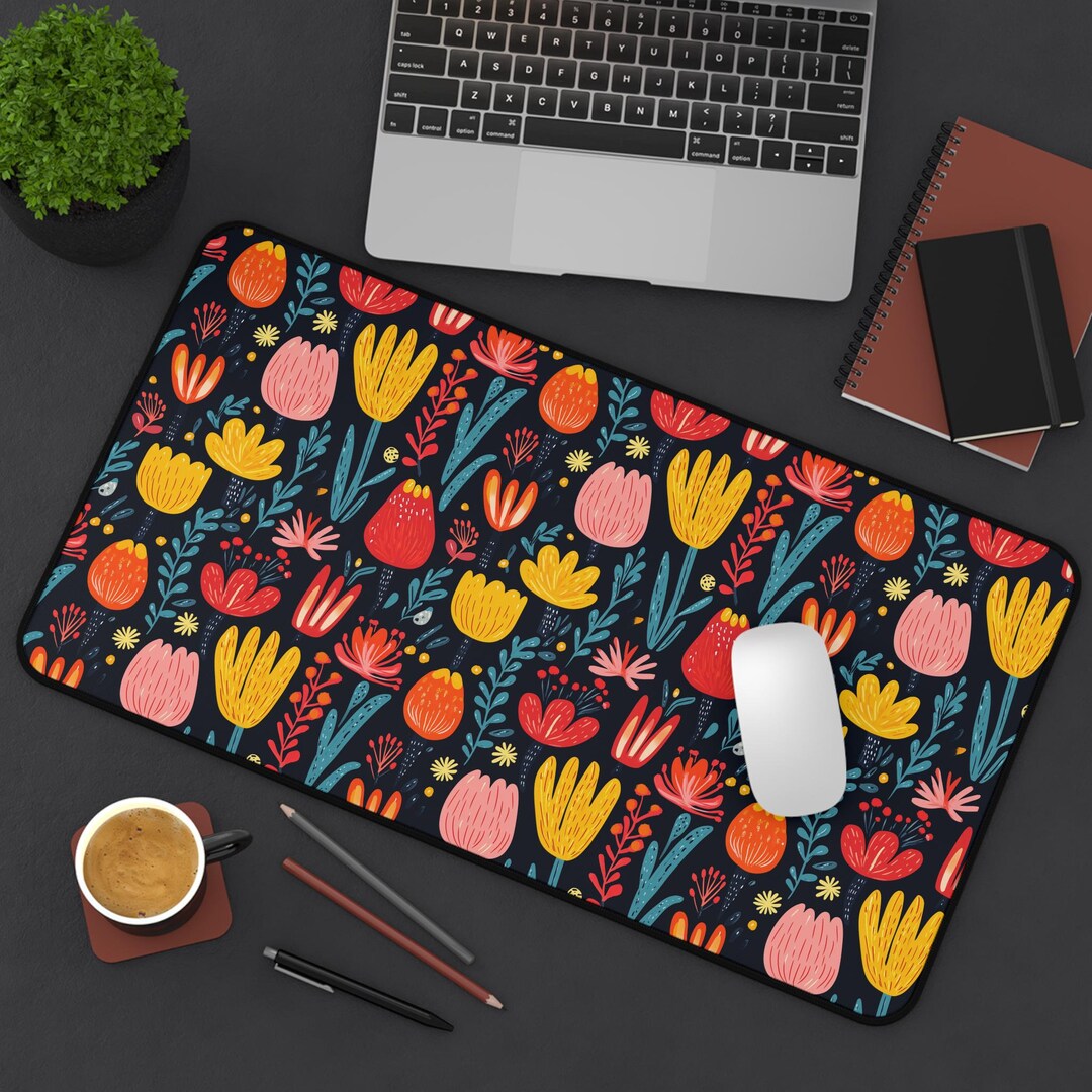 Boho Floral Desk Mat, Folk Art Mouse Pad, Bright Pastel Office Decor ...