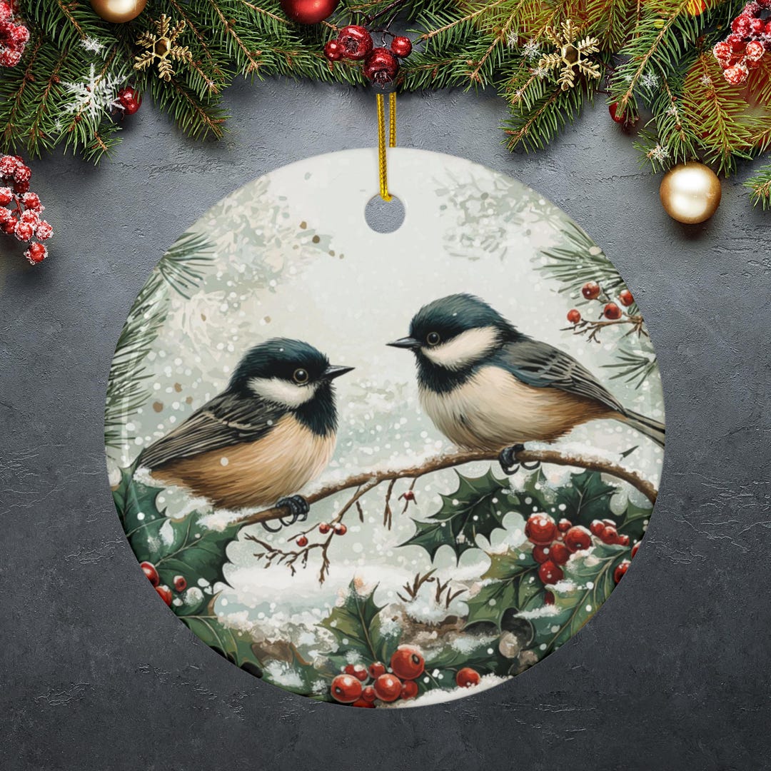 Winter Chickadee Ceramic Ornament – Round, Heart or Snowflake Christmas ...