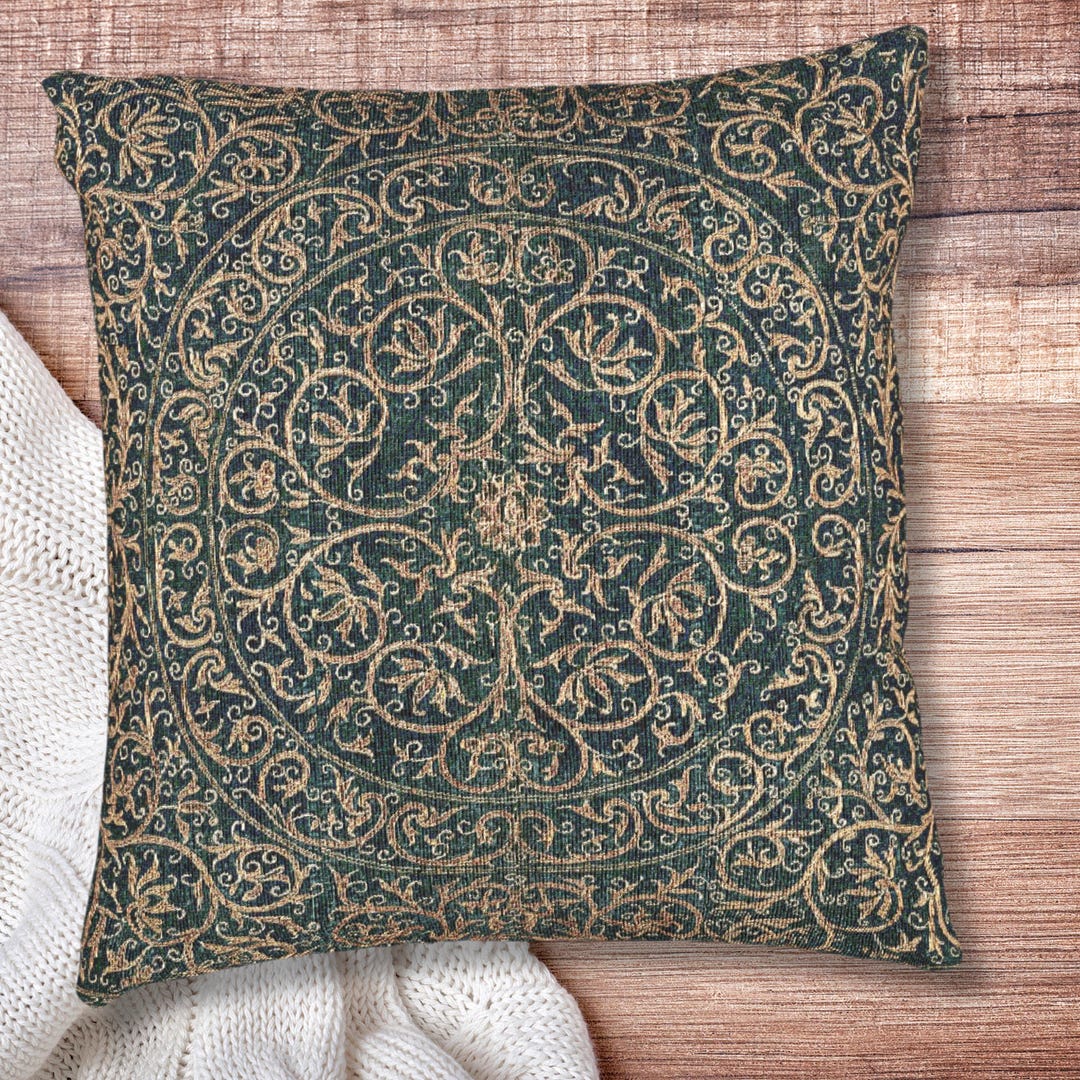 Woven Medallion Pillow, Detailed Tapestry Throw Pillow, Antique Gold ...