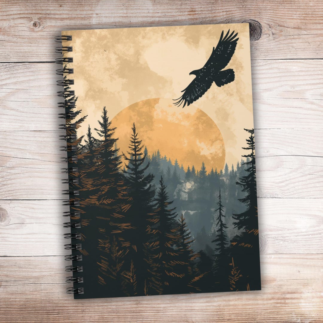 Spiral Notebook, Eagle Flying Over the Pines Rustic Design, Field ...