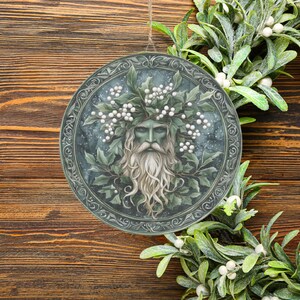 Wood Plaque, Pagan Yule Decoration, Mistletoe Greenman Figure, Pagan ...