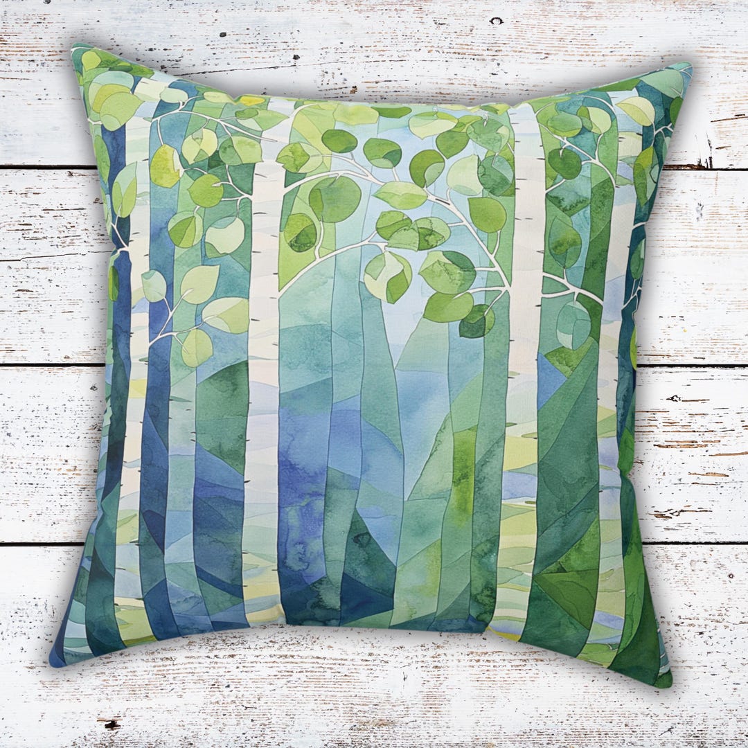 Nature-inspired Birch Trees Throw Pillow, Cabincore Blue and Green ...
