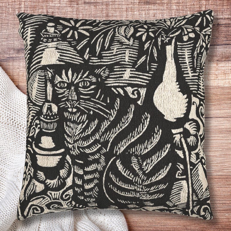 Folklore Woodcut Style Cat Woven Throw Pillow - Etsy