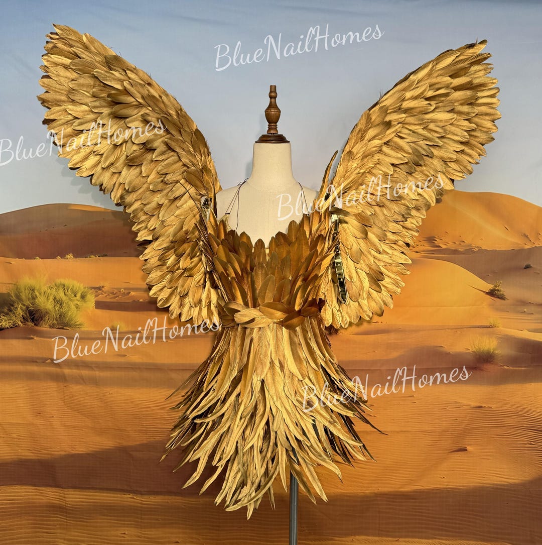 Glamorous Gold Feathered Angel Costume With Elegant Wings for Cosplay ...