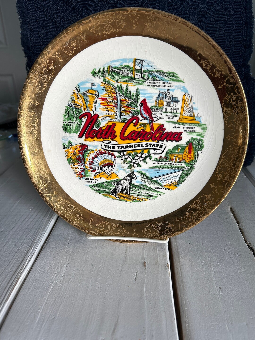 North Carolina Souvenir Plate With Wide Gold Band - Etsy