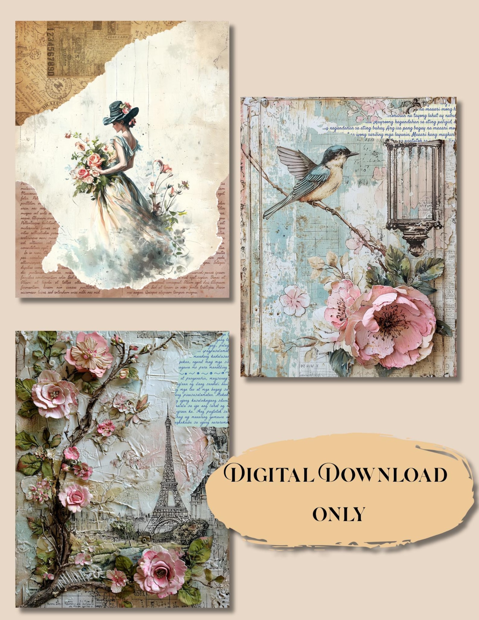 Vintage Paris, Floral Scrapbook Paper Bundle | Romantic Junk Journal ...