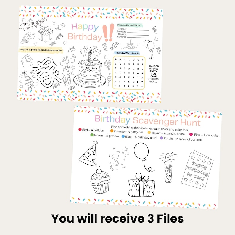 Printable Birthday Activity Placemat for Kids, Birthday Party Placemat ...