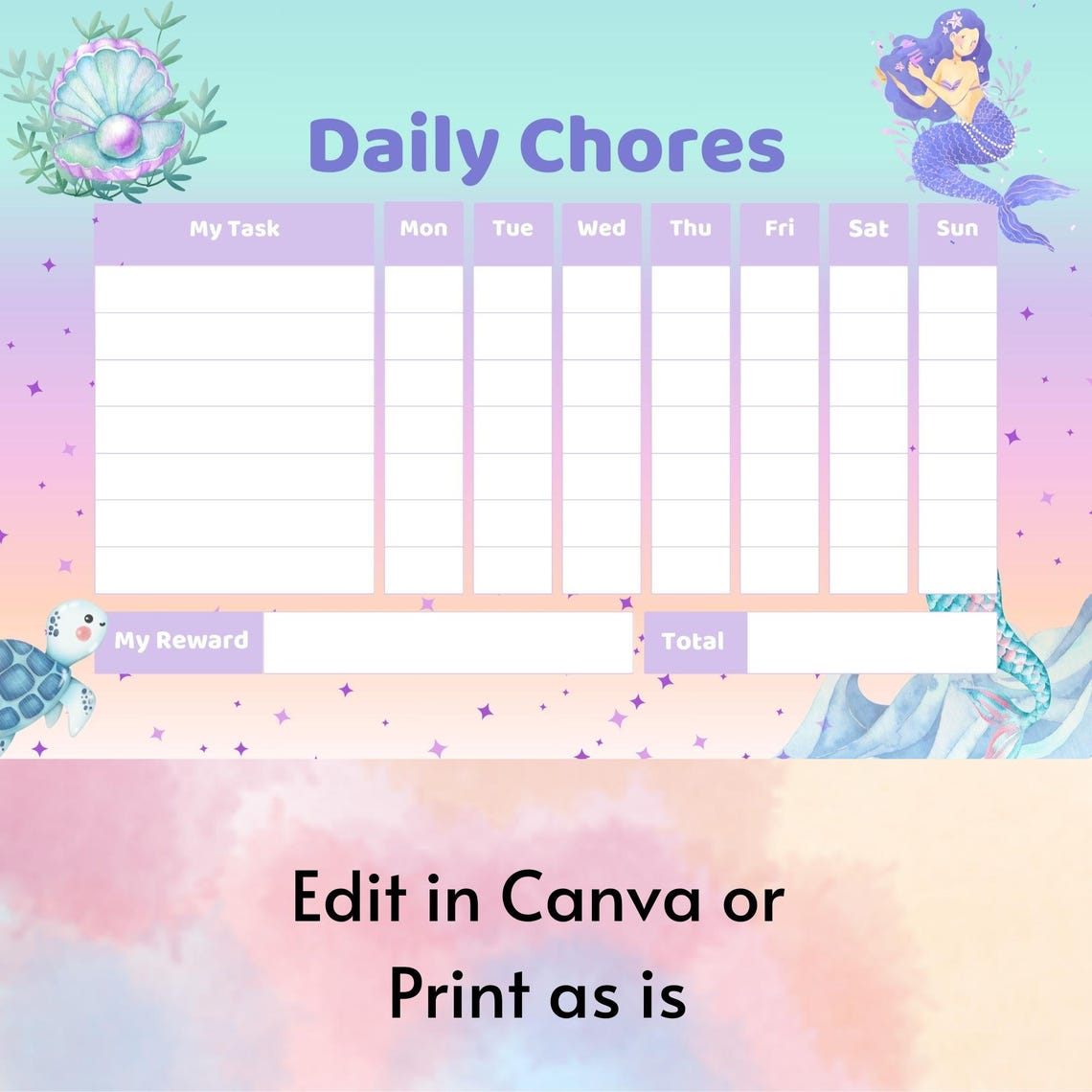 Editable Mermaid Chore Chart, Mermaid Reward Chart for Kids, Sunday ...
