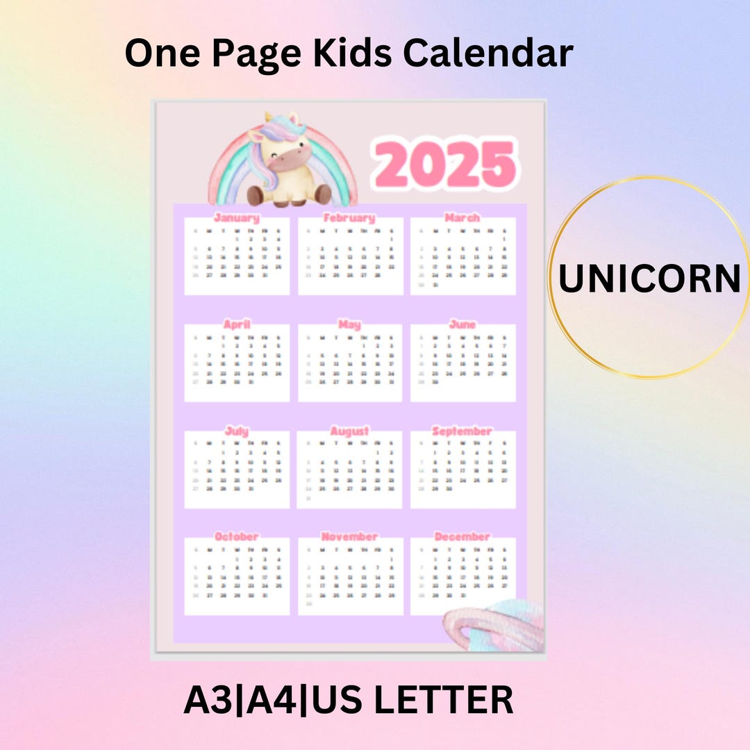 Printable Kids 2025 Calendar, Unicorn Themed Calendar, Kids Room Decor ...