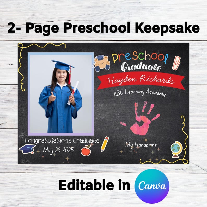 Preschool Graduation Keepsake, Editable Canva Template + PDF, A4 & US ...