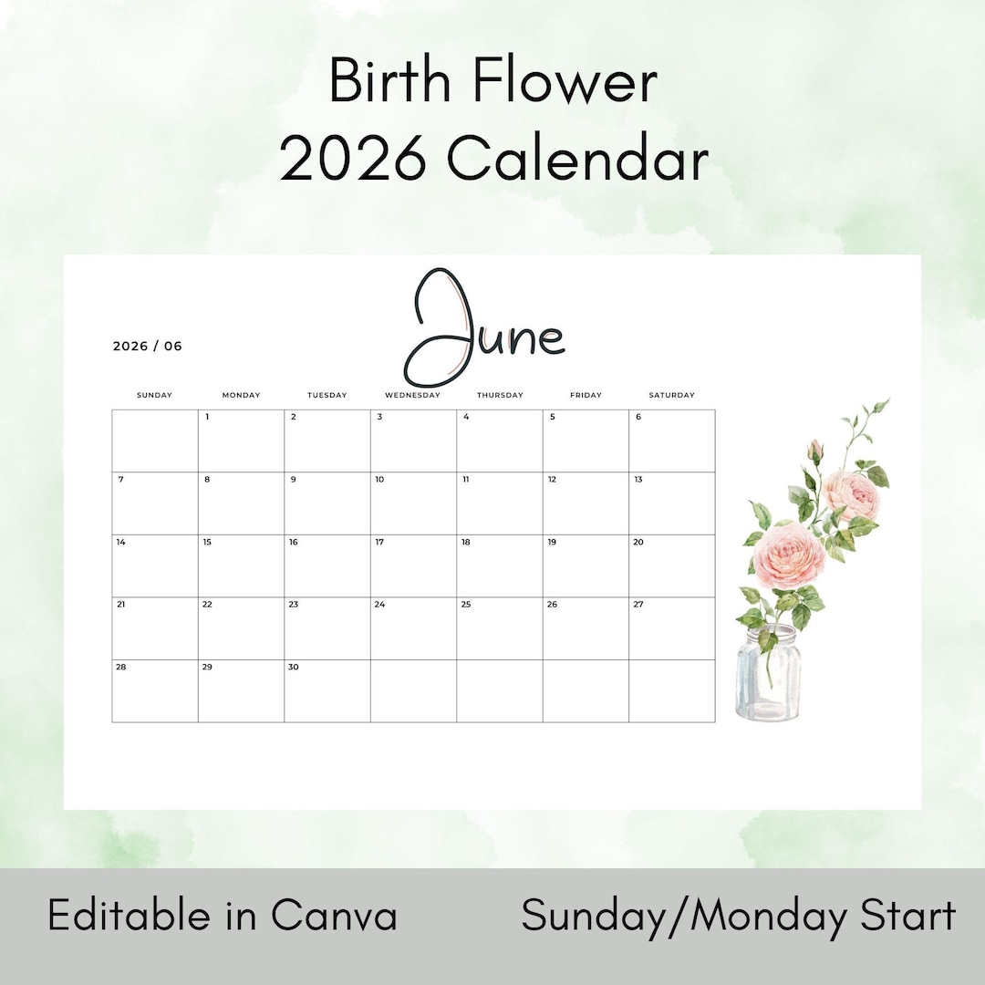 Birth Flower Calendar 2026 Printable PDF | Editable Canva Wall Calendar ...