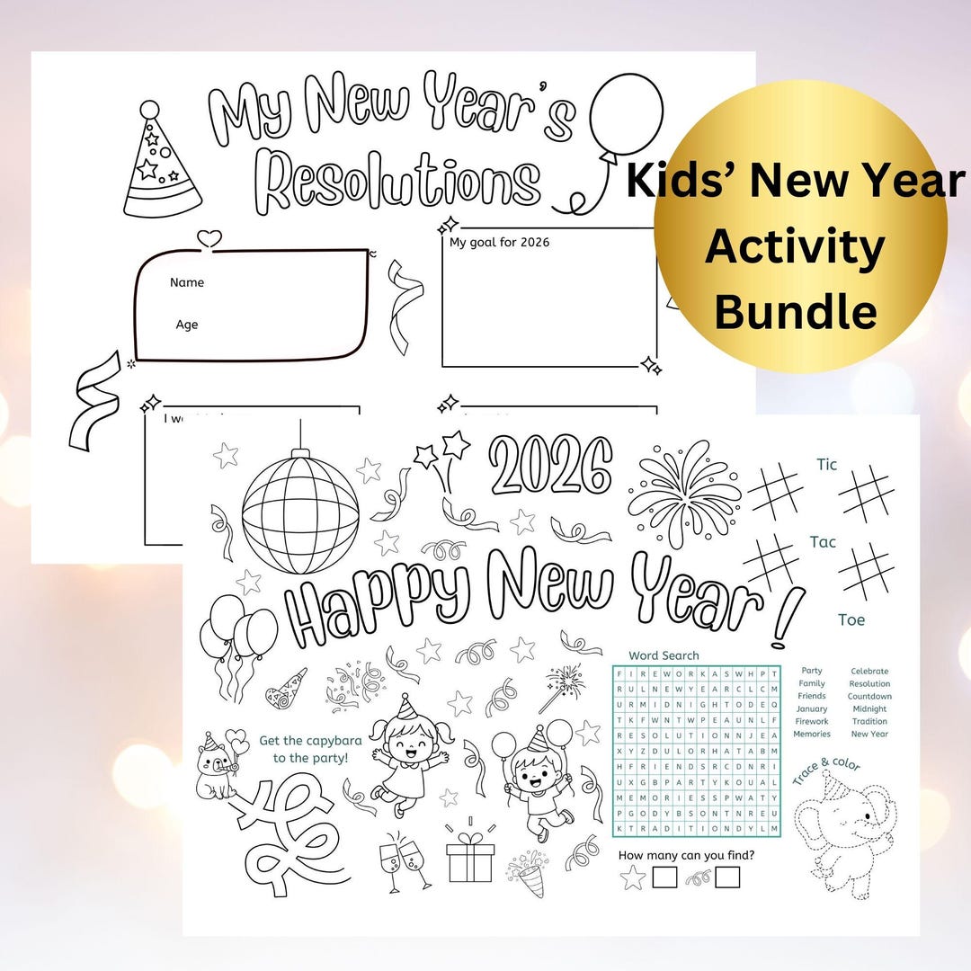 New Year's Eve Kids Activity Placemat 2026 | Printable Coloring Bundle ...