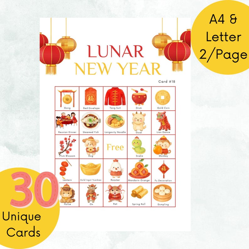 Lunar New Year Bingo Cards for Kids | Chinese New Year Bingo Game | 30 ...