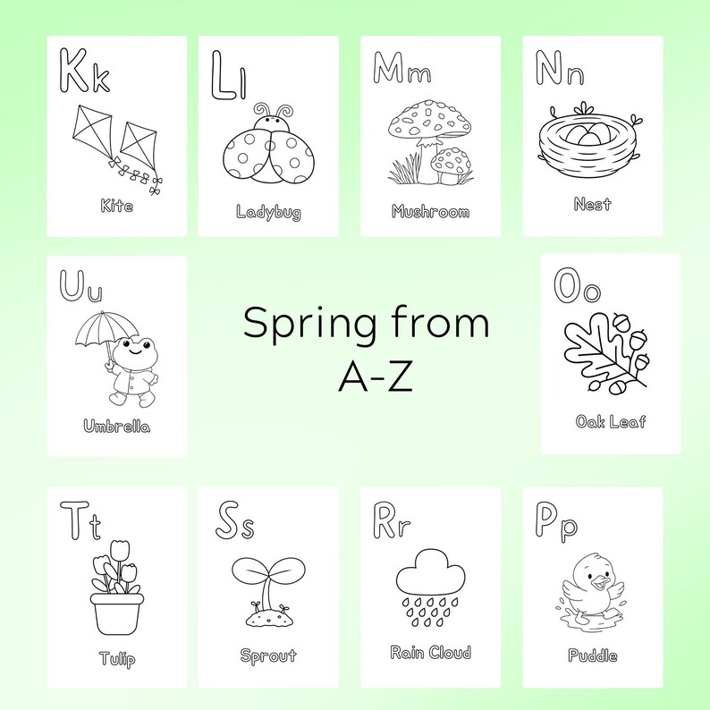 Spring Alphabet Coloring Pages A-Z – Kawaii Nature Printable (A4/US ...
