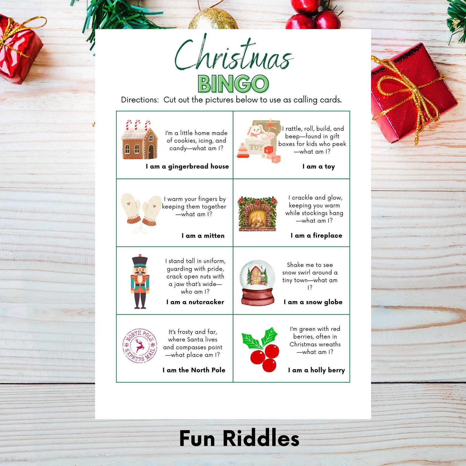 Printable Christmas Bingo Game: 50 Holiday Riddle Cards (A4 & US Letter ...