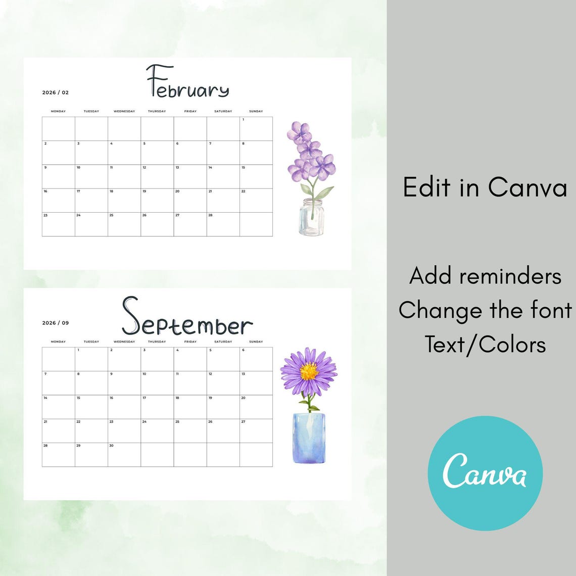 Birth Flower Calendar 2026 Printable PDF | Editable Canva Wall Calendar ...