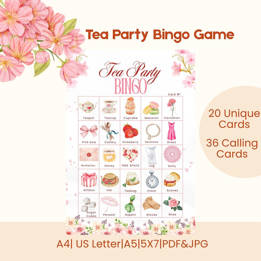 Tea Party Bingo Game: 20 Printable Cards for Kids & Adults (instant ...