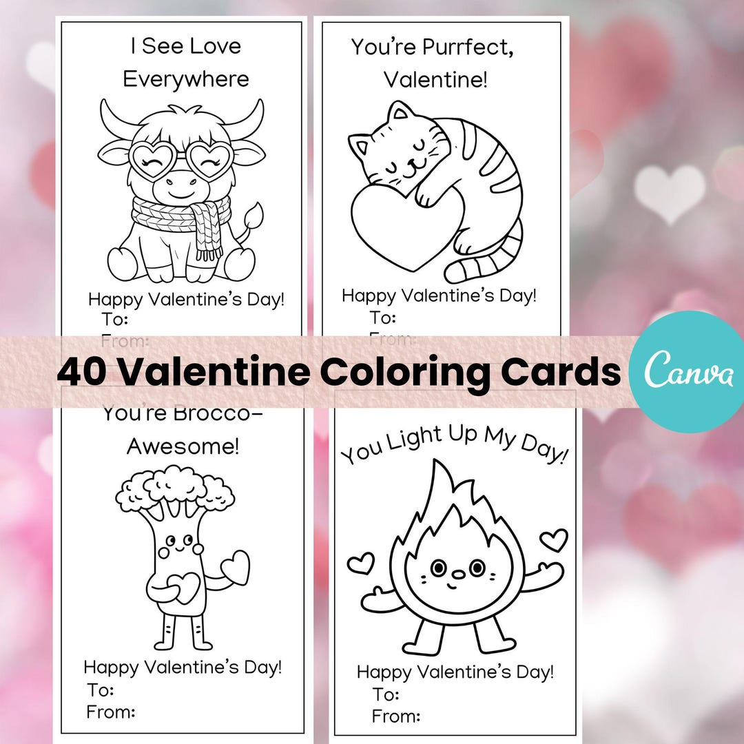 Coloring Valentine’s Day Cards for Kids | Editable Canva Printable | 40 ...