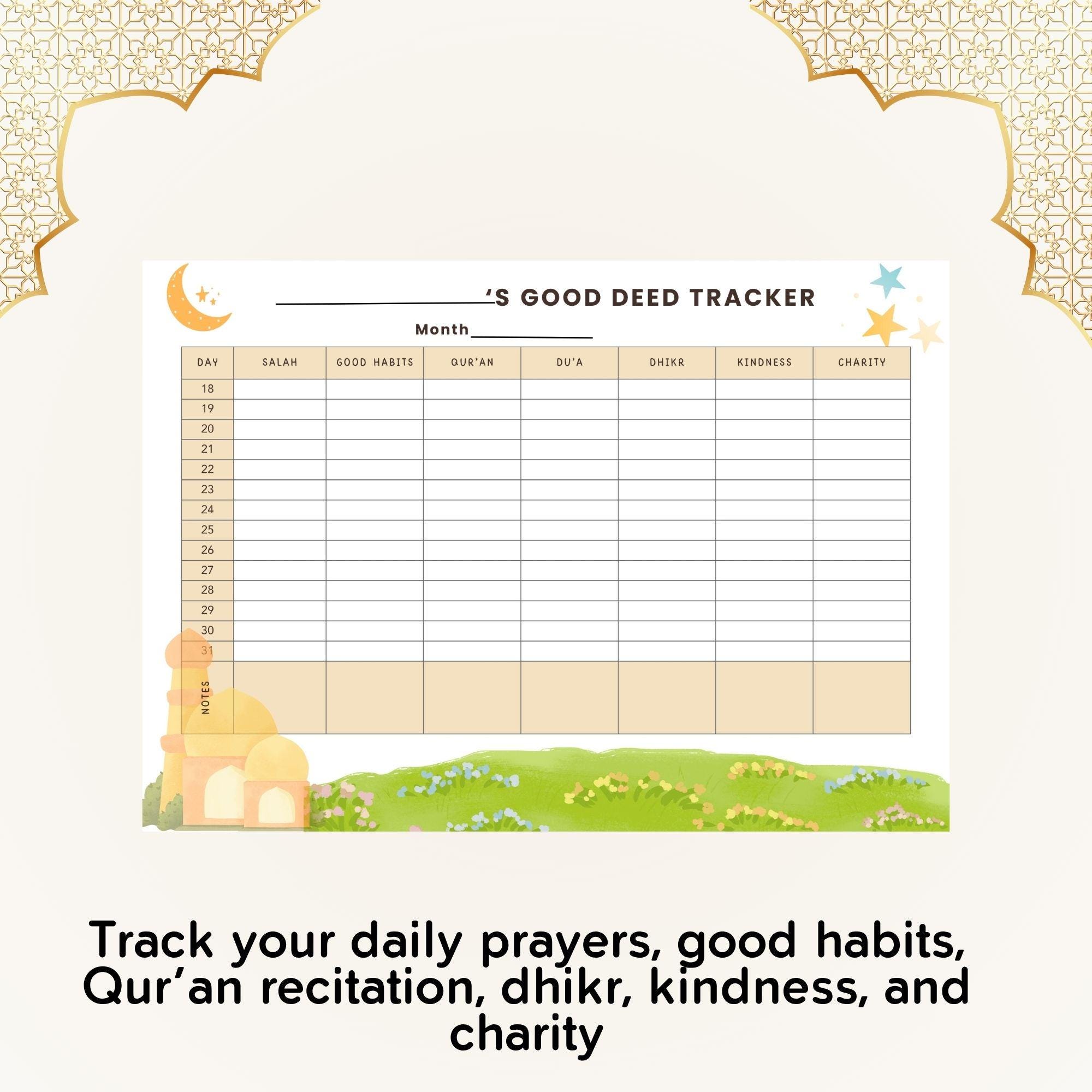 Islamic Good Deed Tracker for Kids: Monthly Activity Chart (printable ...