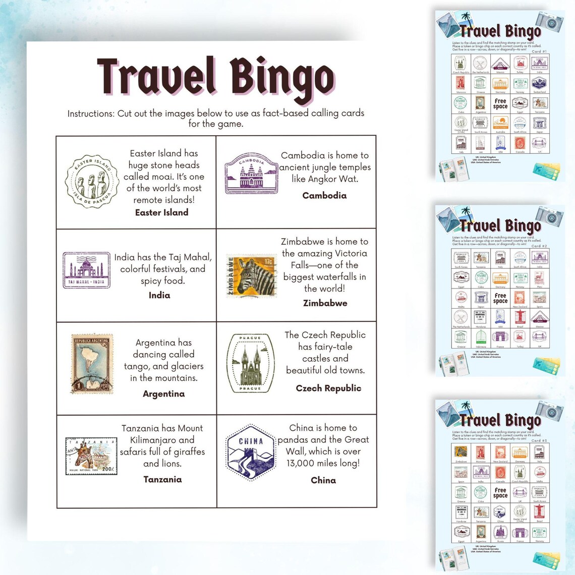 Travel Bingo Printable Game: 20 Unique Cards, Holiday Activities for ...