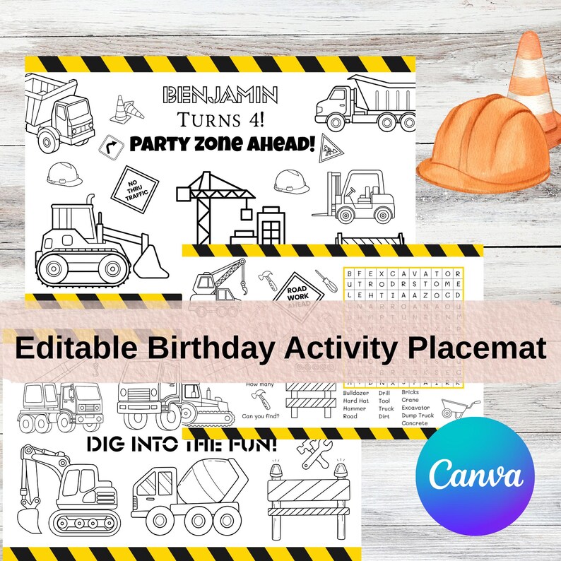 Editable Construction Birthday Placemat for Kids, Printable ...