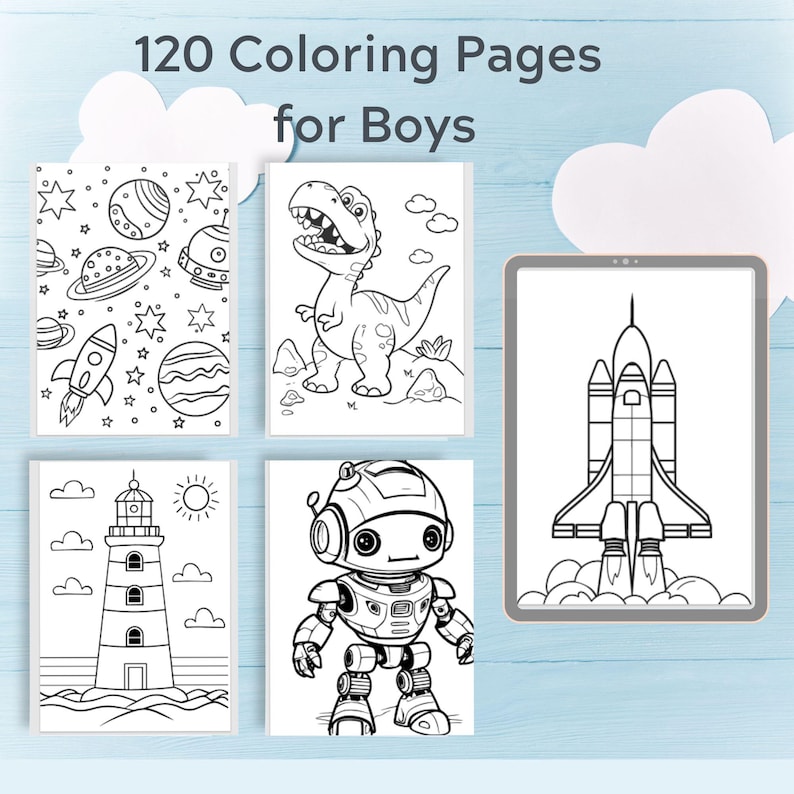 Boys Coloring Book, 120 Pages, Dragons, Pirates, Space (digital ...