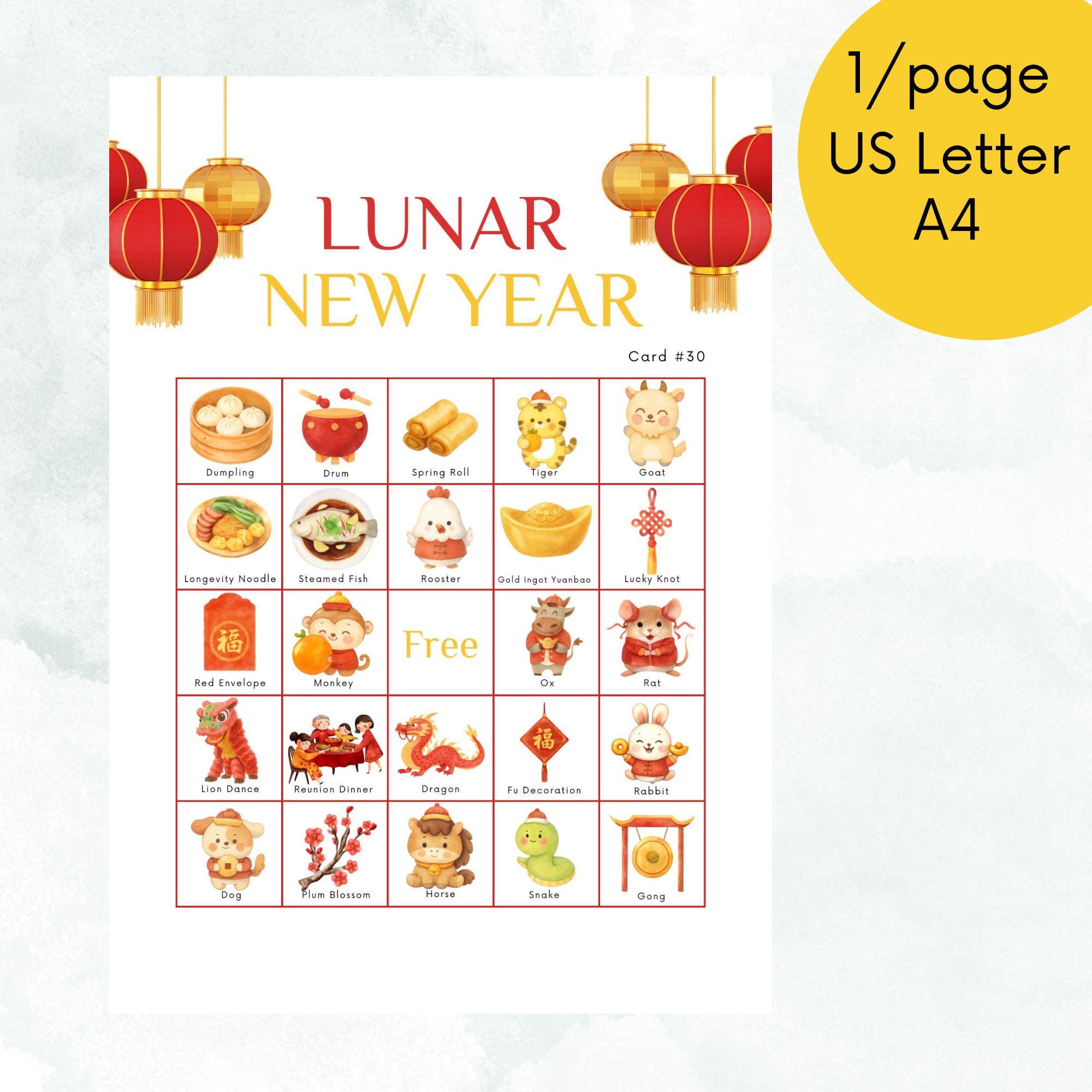 Lunar New Year Bingo Cards for Kids | Chinese New Year Bingo Game | 30 ...