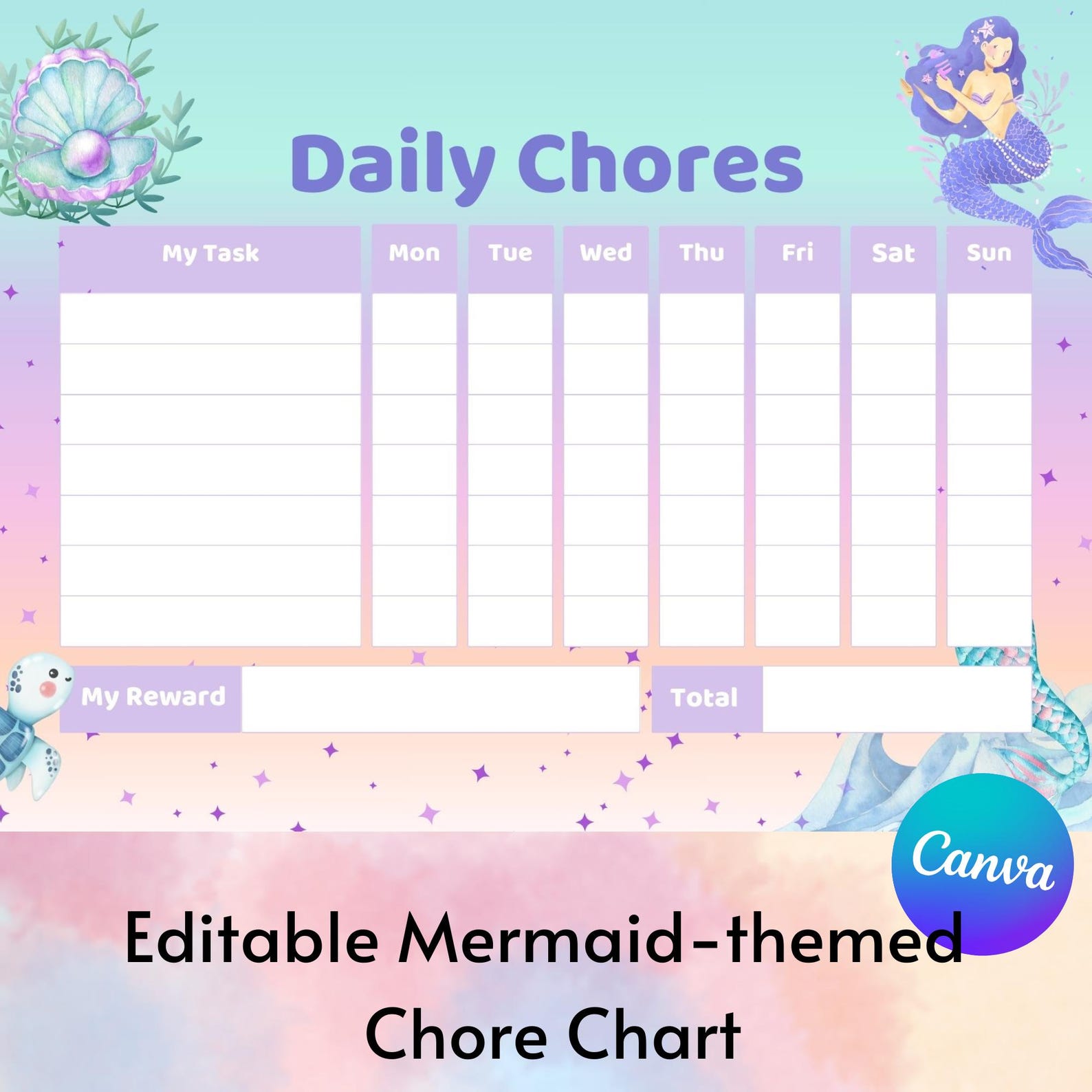 Editable Mermaid Chore Chart, Mermaid Reward Chart for Kids, Sunday ...
