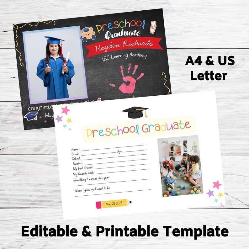 Preschool Graduation Keepsake, Editable Canva Template + PDF, A4 & US ...