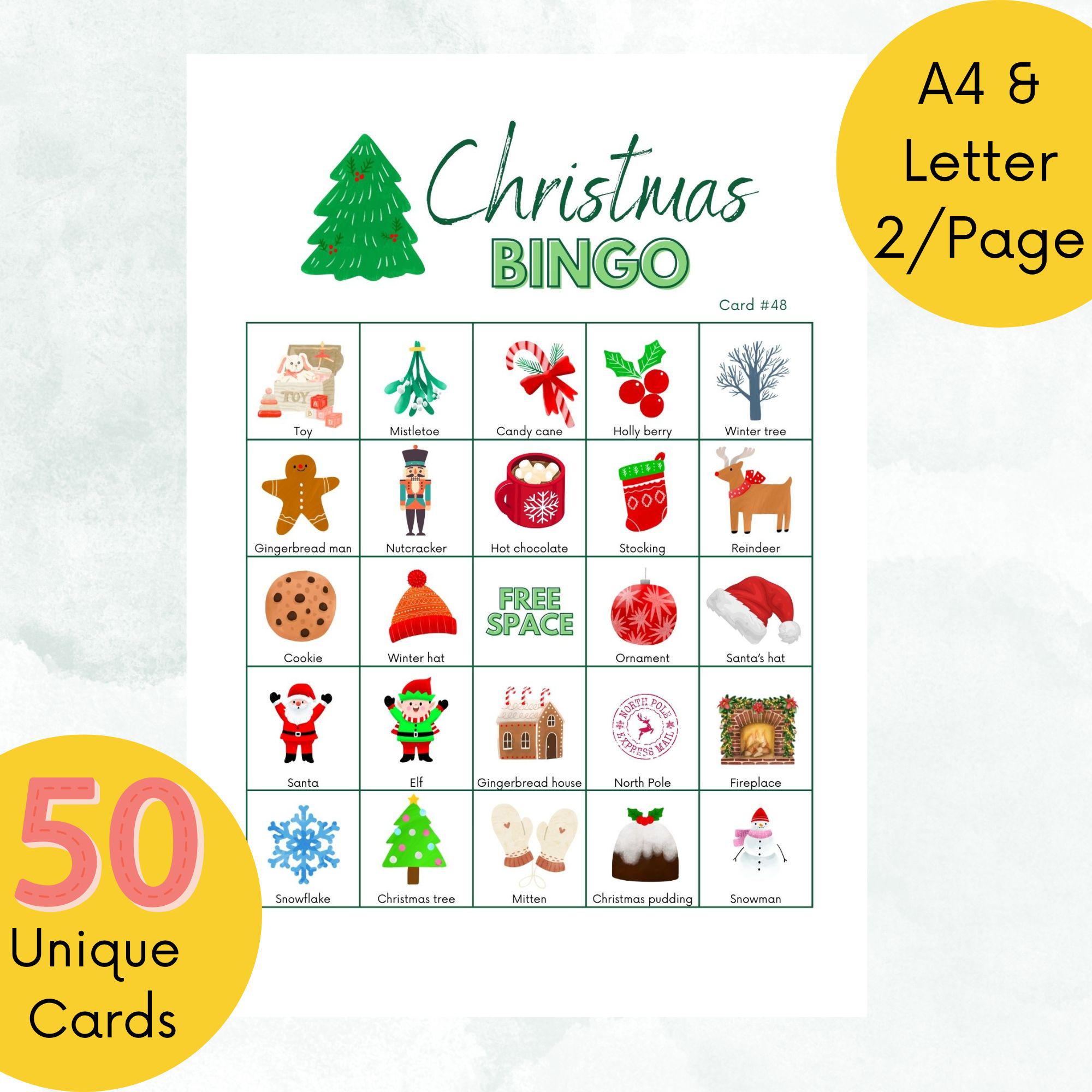Printable Christmas Bingo Game: 50 Holiday Riddle Cards (A4 & US Letter ...