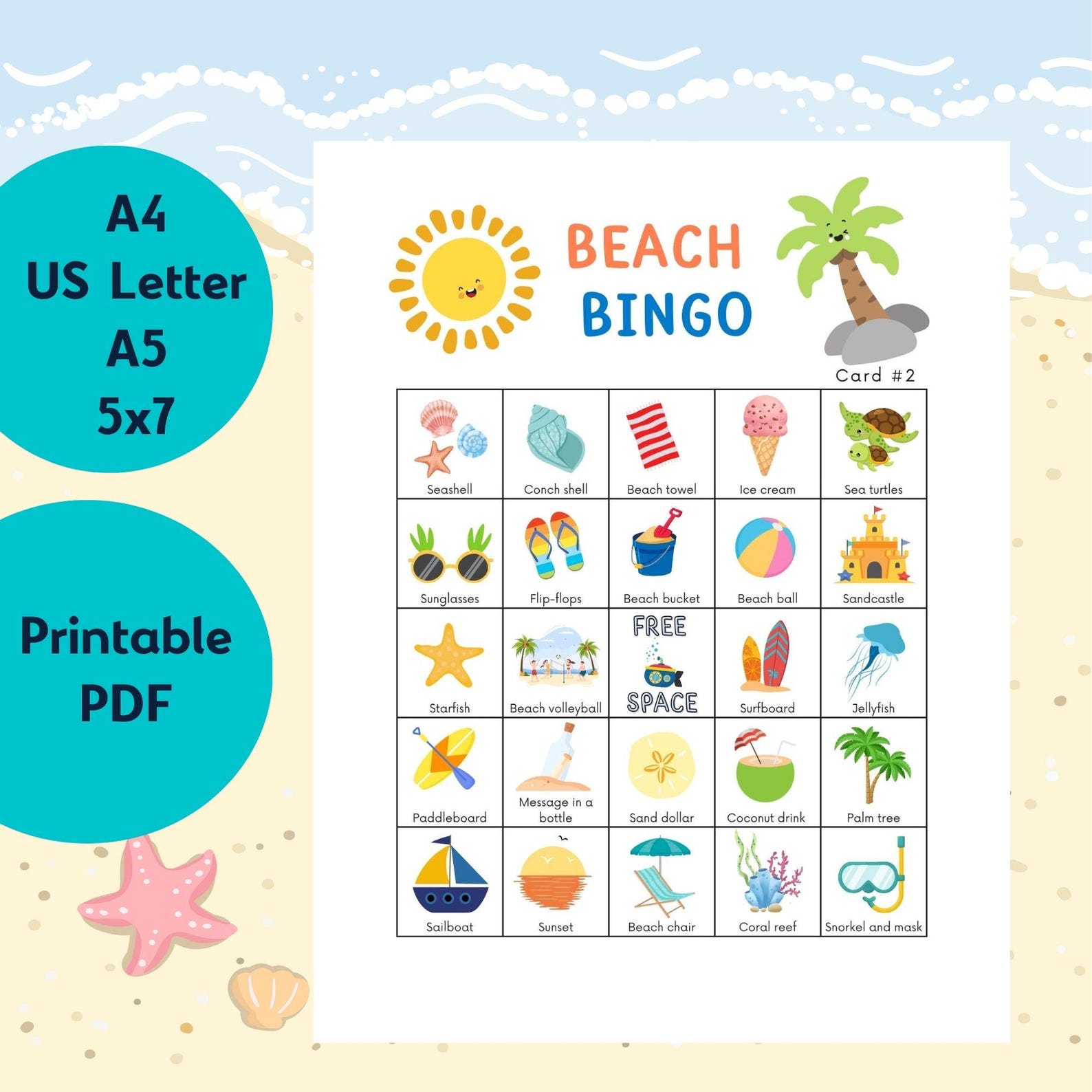 20 Beach Bingo Cards Printable Game, Beach Bingo Birthday Party, Summer ...
