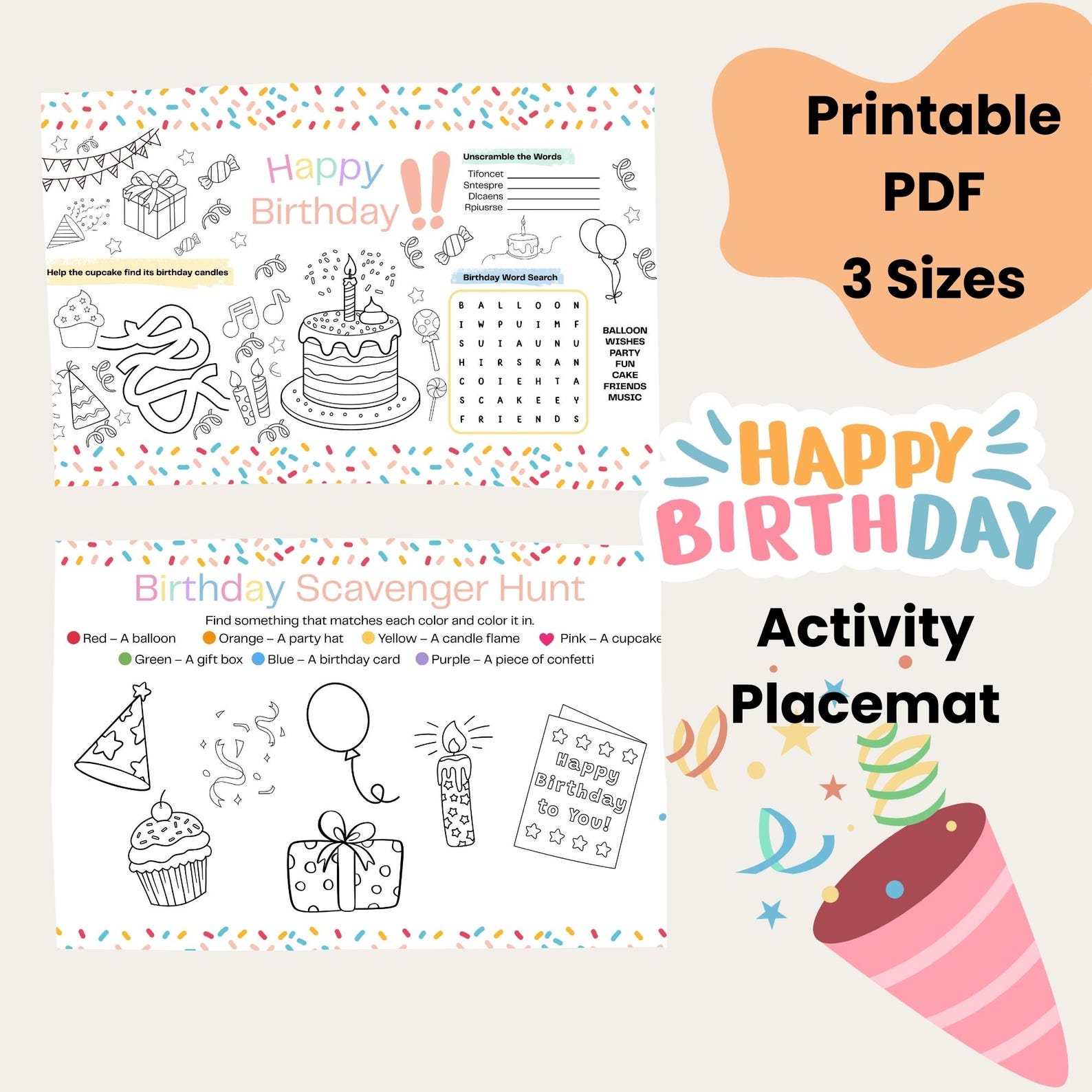 Printable Birthday Activity Placemat for Kids, Birthday Party Placemat ...